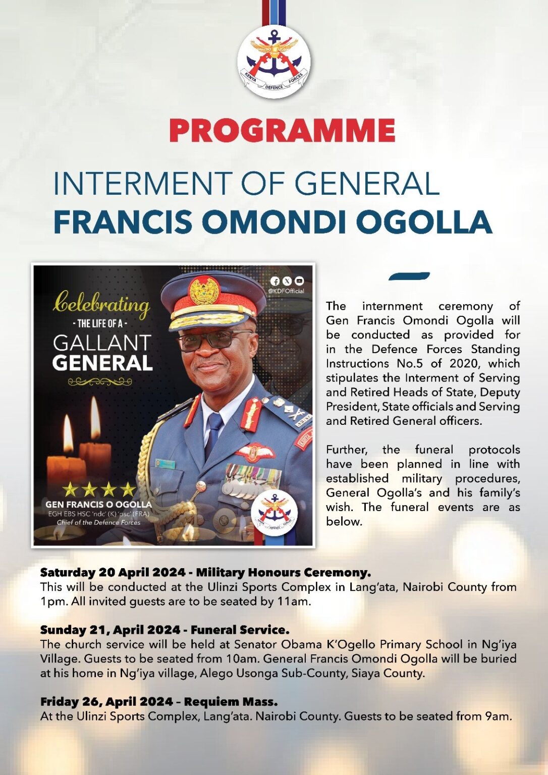 KDF Issues Gen Ogolla’s Funeral Program - Kenya Insights