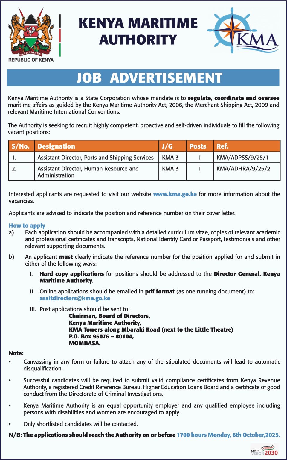 Kenya Maritime Authority Announces Job Vacancies Across Multiple ...