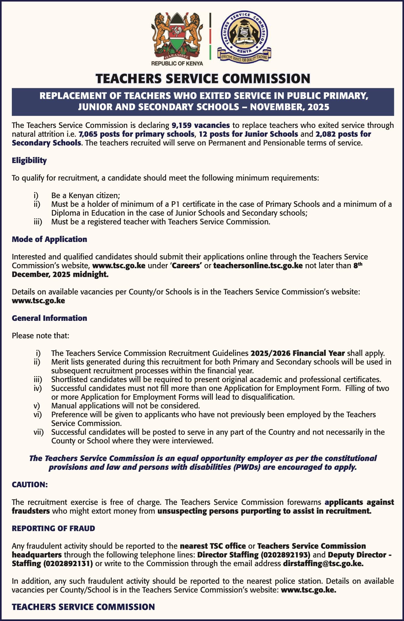 TSC Announces Nationwide Recruitment of 9,159 Teachers; How To Apply ...